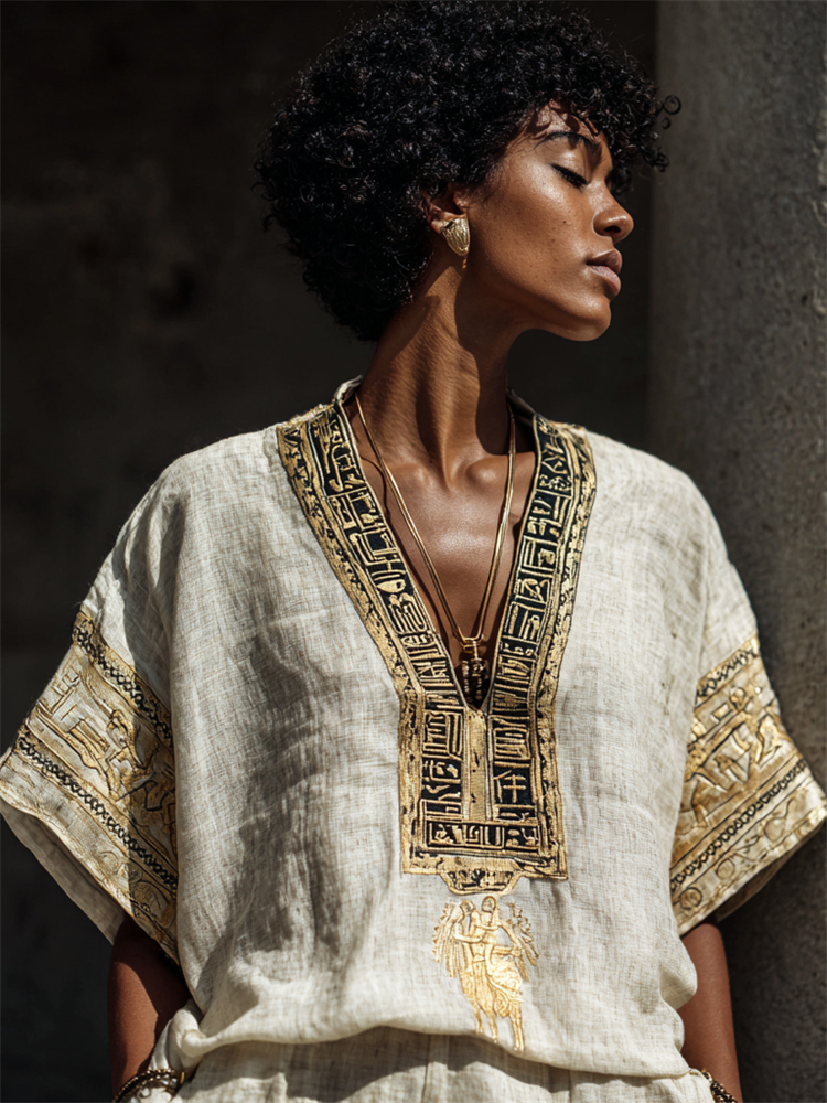 Ancient Egyptian Golden Embroidered Linen Tunic