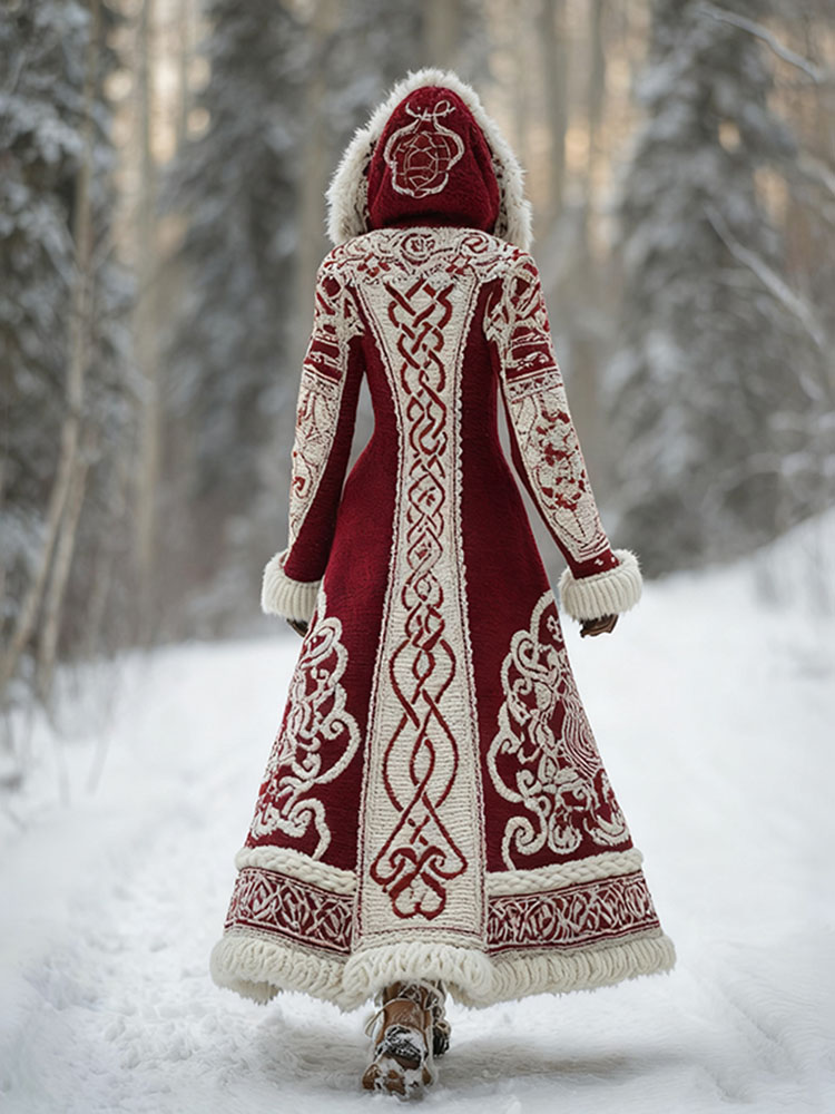 Women's Vintage Viking Celtic Knot Pattern Knit Hooded Sweater Coat