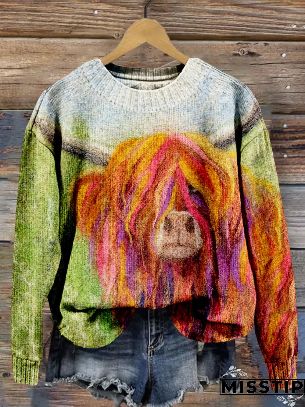 Highland Cow Felt Art Pattern Cozy Knit Sweater - MissTip