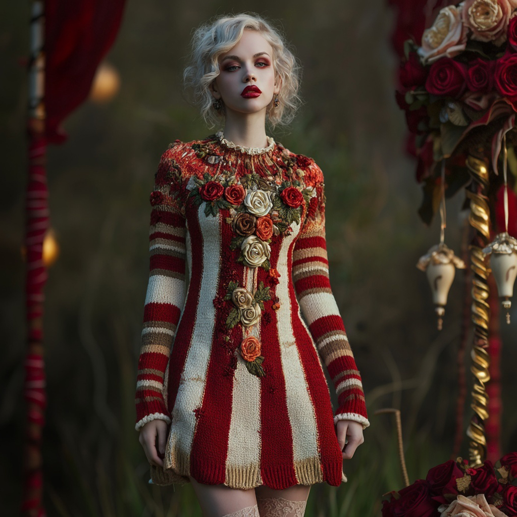Vintage Circus Inspired Roses Embroidered Striped Sweater Dress