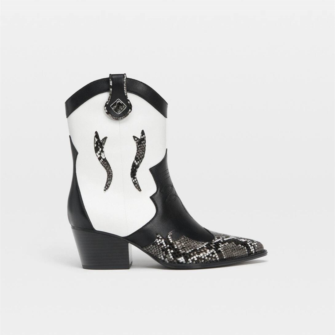 Black and White Block Heel Python Booties Fashion Cowgirl Boots|FSJshoes