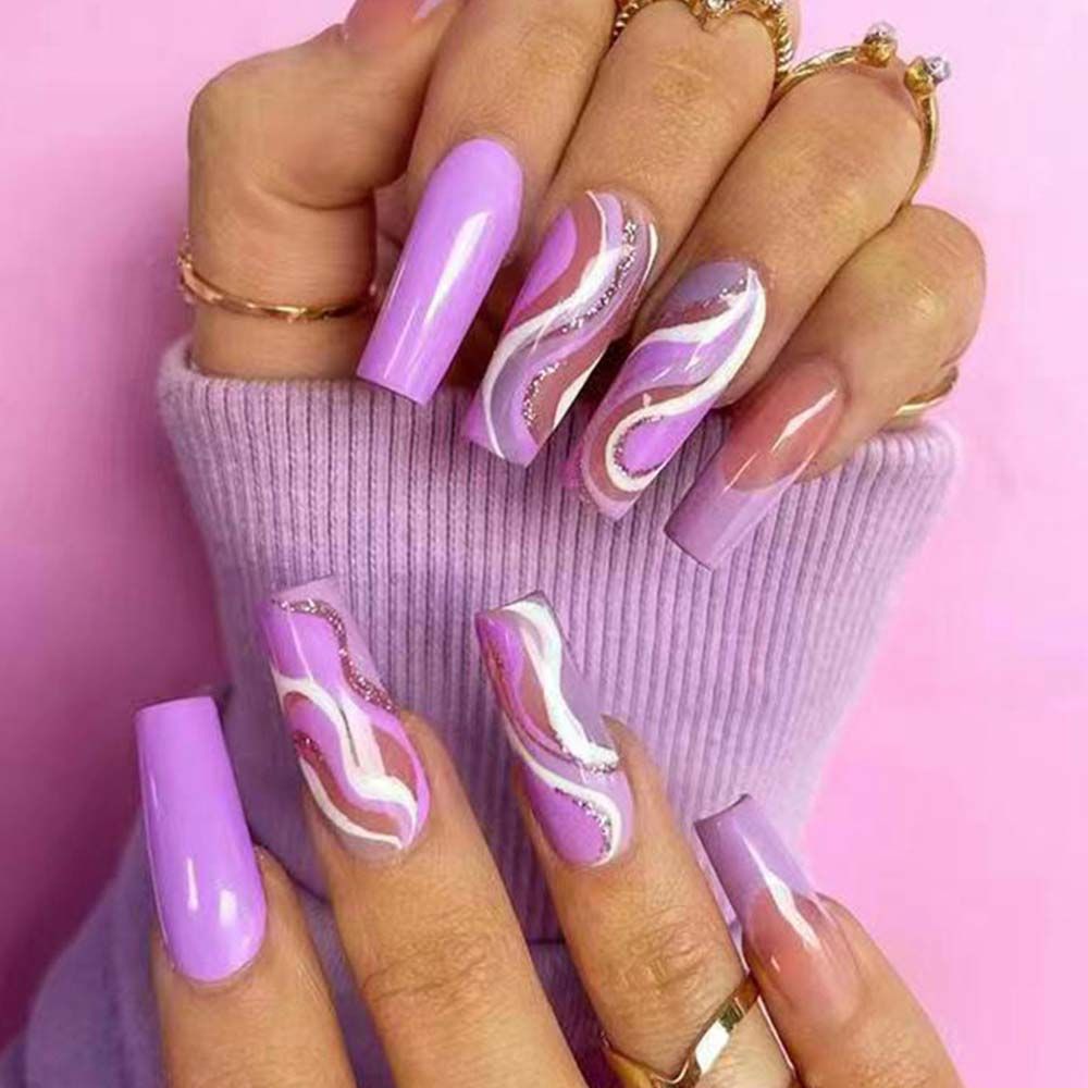 Churchf Coffin Rhinestone False Nails pink ripple design Wearable ...