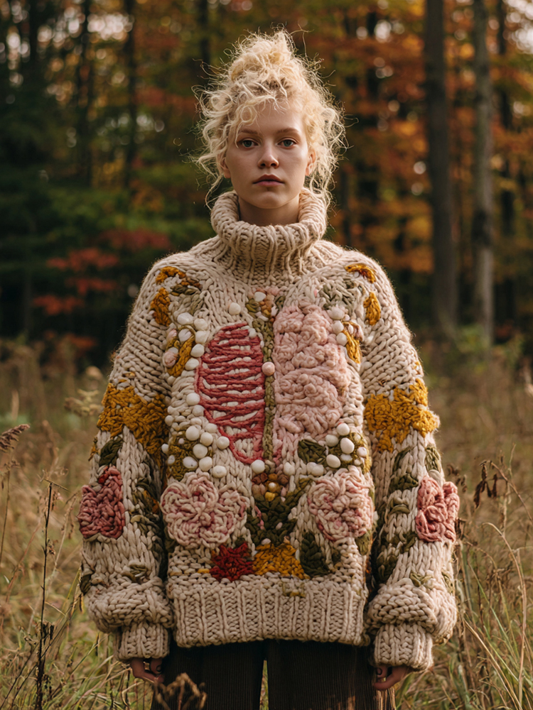 Women's Human Organ And Floral Embroidery Art Cozy Knit Turtleneck Sweater