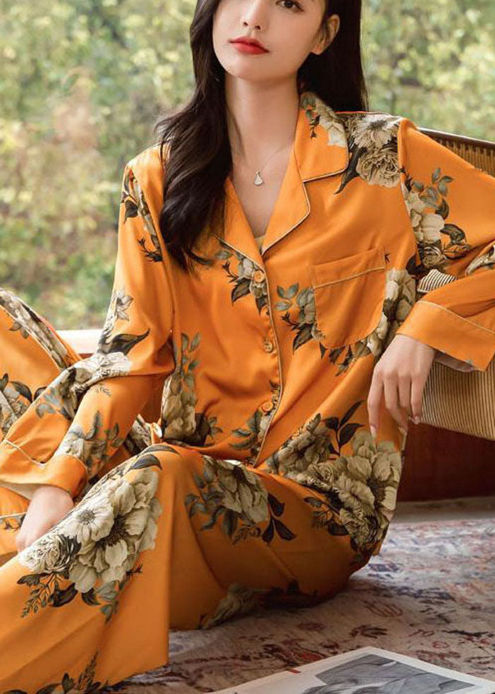 Unique Orange Oversized Floral Pocket Ice Silk Pajamas Two Pieces Set ...