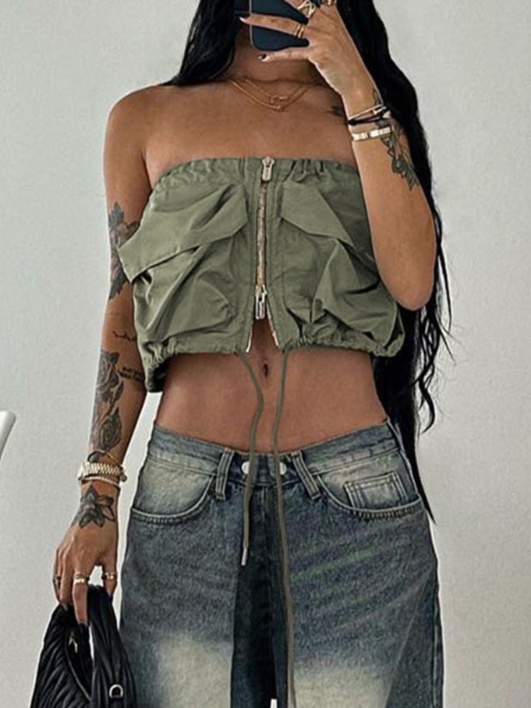 Drawstring Tube Cargo Style Zipper Top