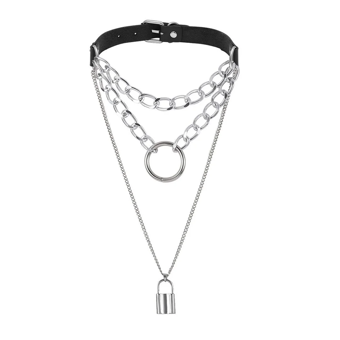 PU BELT CHAIN LOCK LAYERED NECKLACE
