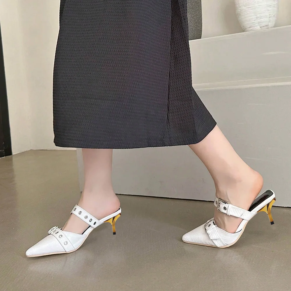 White Leather Closed Pointed Toe Studded Mules With Kitten Heels