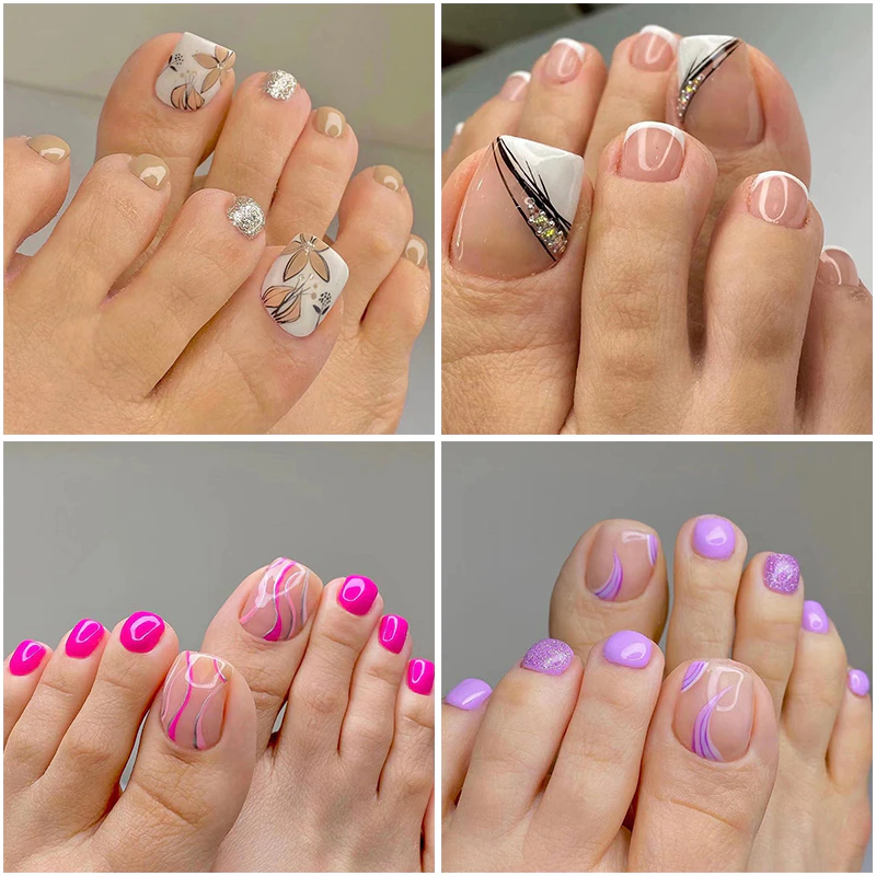 Churchf Fake Toenails With Glue French Line Glitter False Toe Nails Art ...