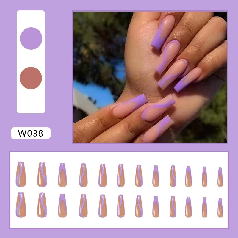 Churchf Purple Swirl French Fake Nails Set Press On Faux Ongles Extra Long