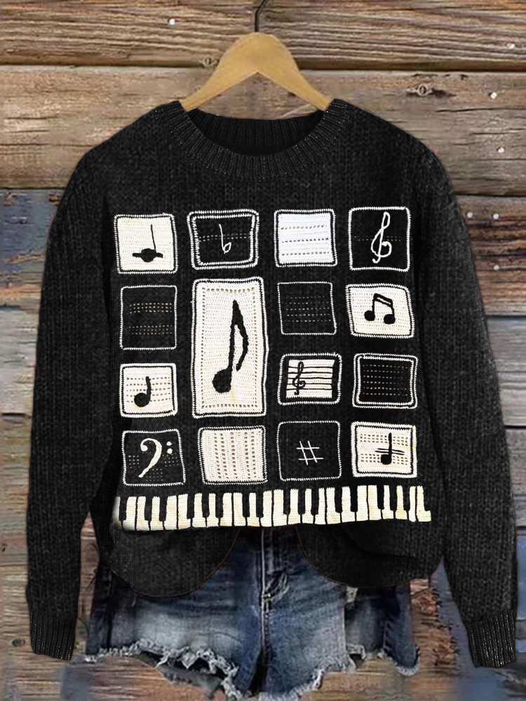 Music Notes & Piano Keys Crochet Cozy Knit Sweater