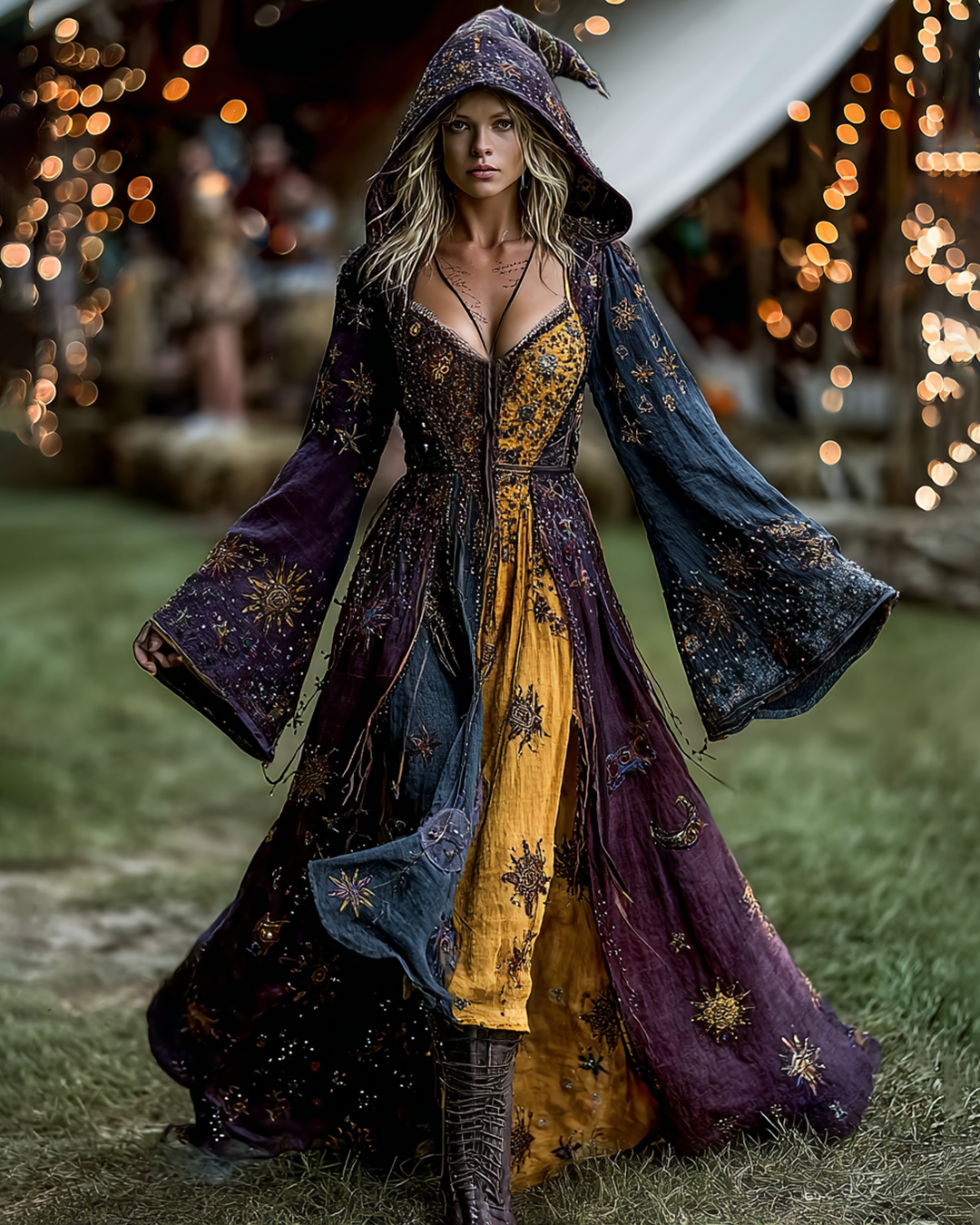 Star And Moon Themed Embroidery Contrast Color Hooded Witch Dress a97e