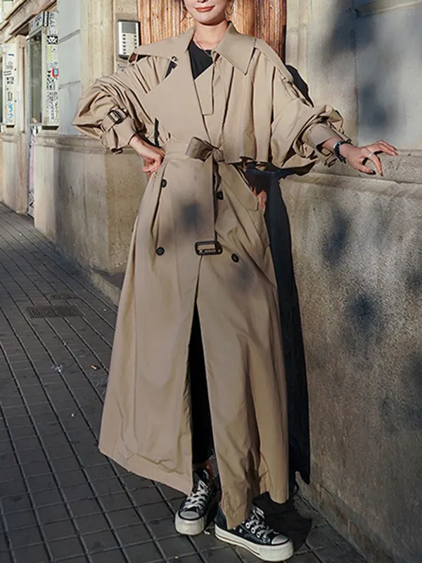 Buckle-Embellished Trench Coat with Split-Back and Lapel Collar