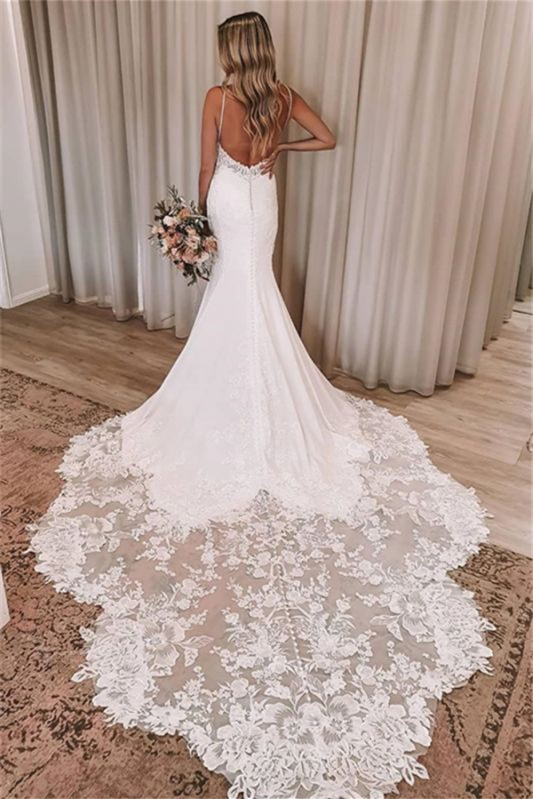 Daisda Spaghetti-Straps V-Neck Backless Mermaid Lace Appliques Wedding Dress