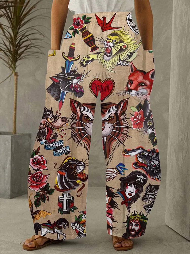 Vintage Tiger Tattoo Print Pants