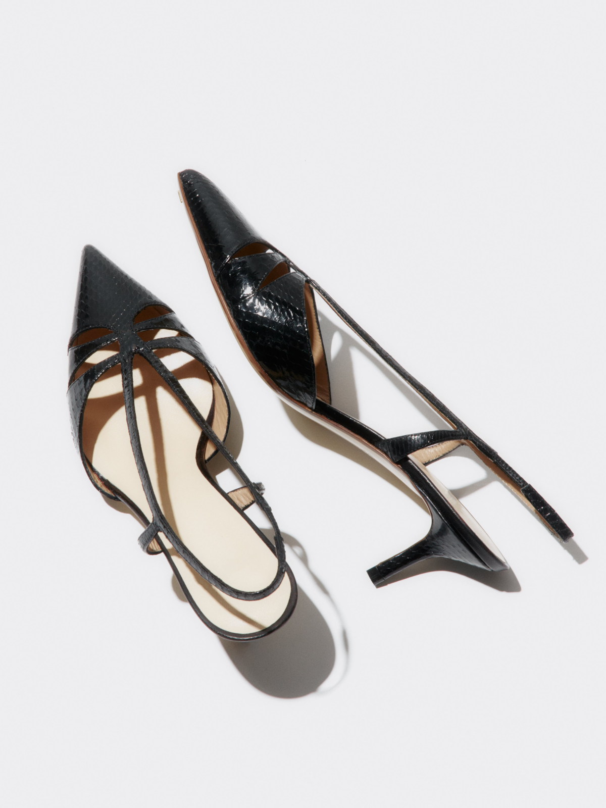 GOOSHOE Black Snake Texture Cut-Out Pointy Kitten Heels Slingback ...