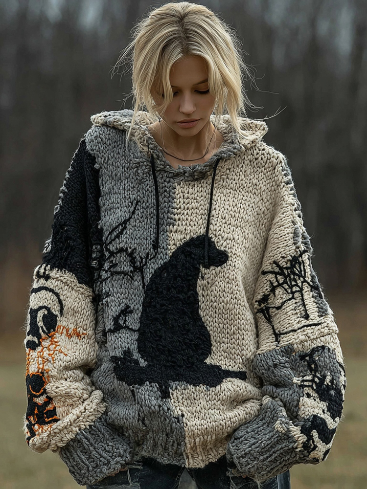 Vintage Halloween Loyal Dog Cozy Knit Hooded Sweater