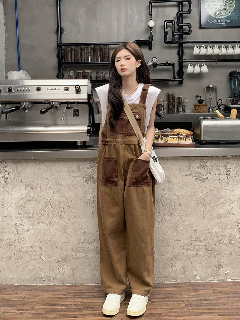 COLORBLOCK CARGO DENIM OVERALLS