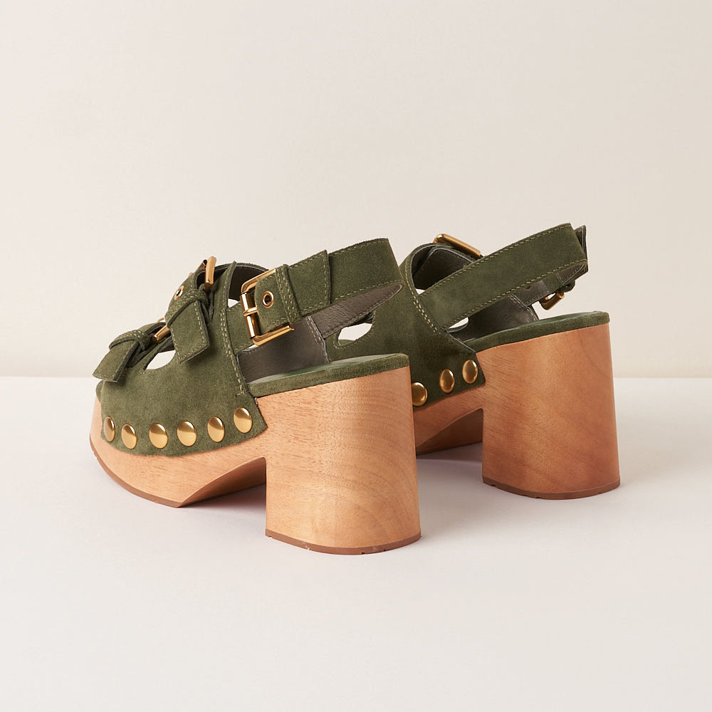 Green Faux Suede Metallic Buckled Strappy Studded Platform Sandals