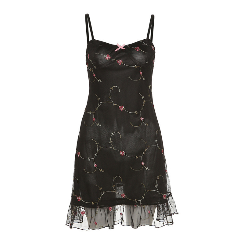 Floral Embroidery Mesh Ruffle Sling Dress