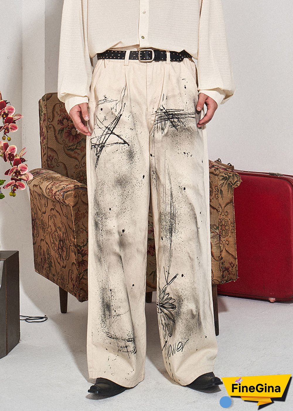 FineGina Fitted White Print High Waist Sashes Straight Pants Fall