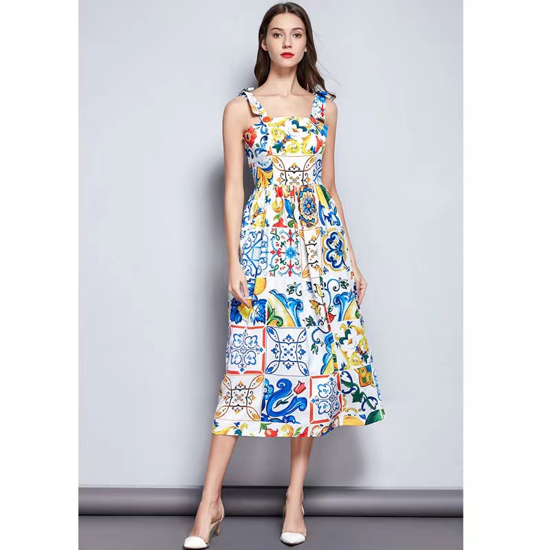 Shirred Back Vintage Bowknot Shoulder Dress