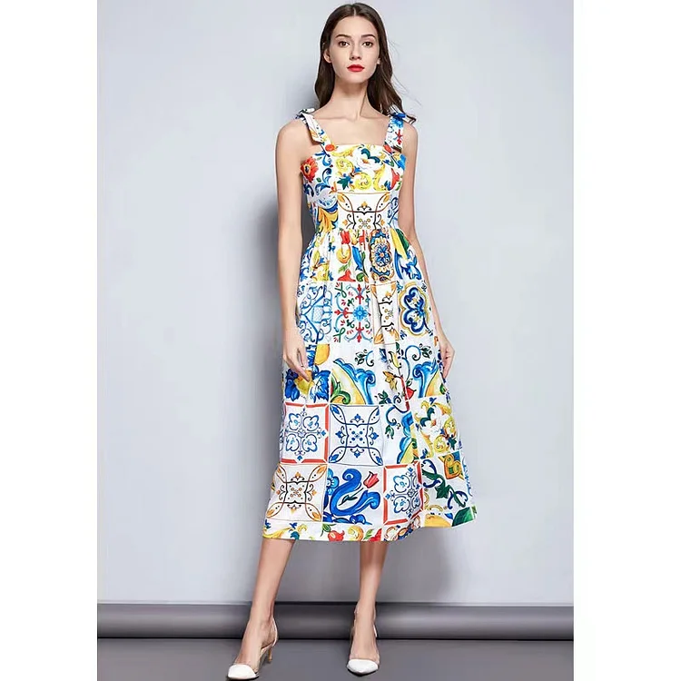 Shirred Back Vintage Bowknot Shoulder Dress
