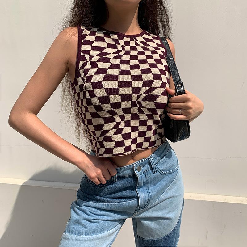 IRREGULAR CHECKERBOARD KNIT TANK TOP