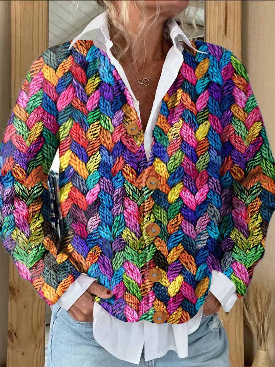 Colorful Funny Print Buttoned Cardigan Sweater