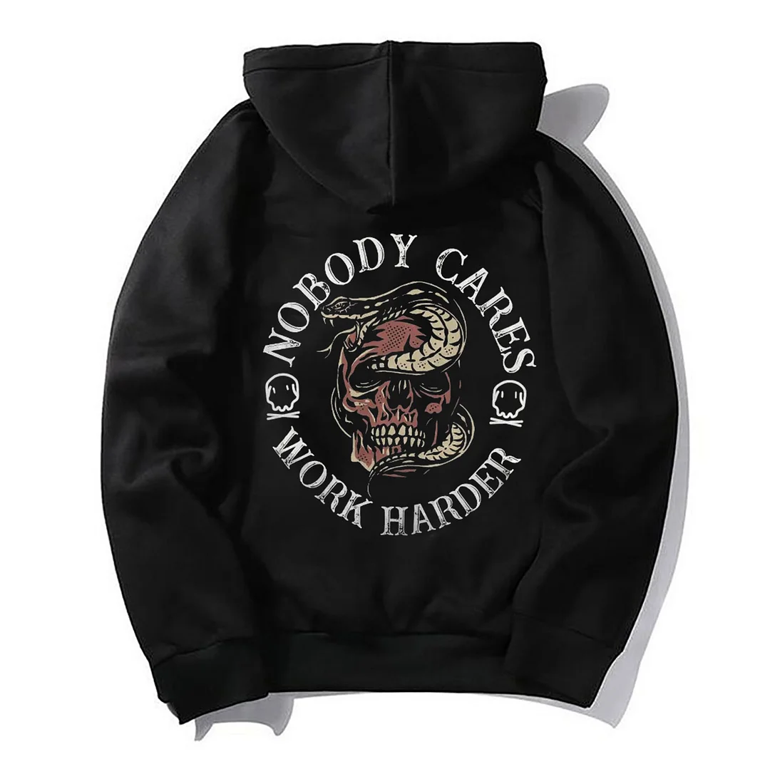 NOBODY CARES, WORK HARDER Snake Wraps Skull Casual Black Print Hoodie