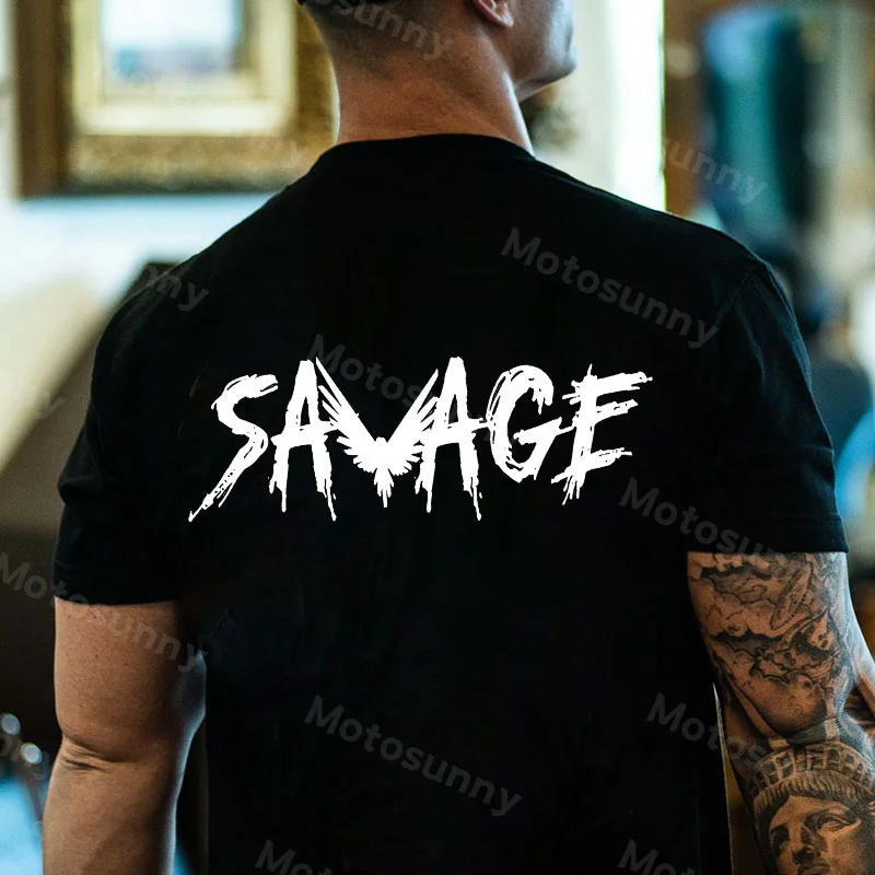 MOTOSUNNY SAVAGE Eagle Wings Letter Graphic Black Print T-shirt
