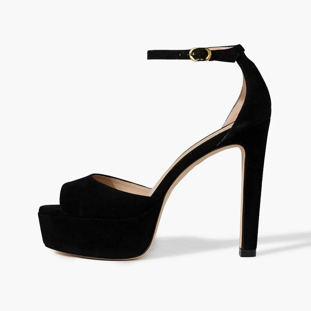 Black Vegan Suede Open Toe Stiletto Heel Ankle Strap Platform Sandals