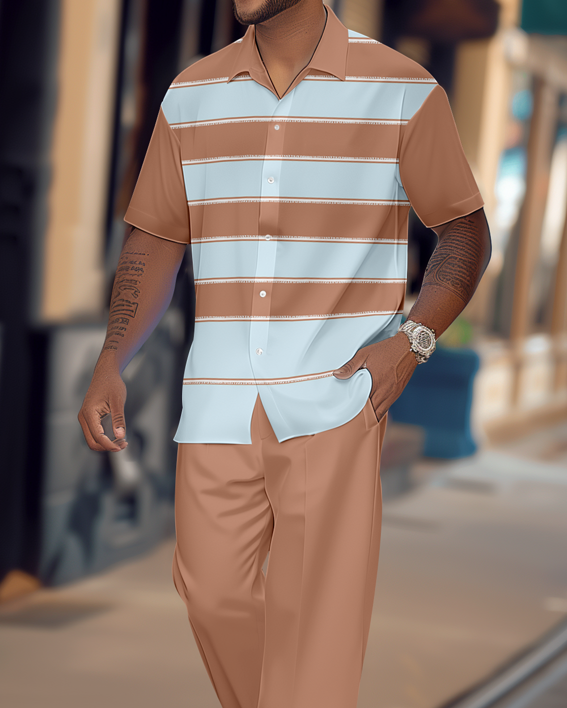 Men's Gorgeous Color Block Short Sleeve Shirt Walking Suit 1155