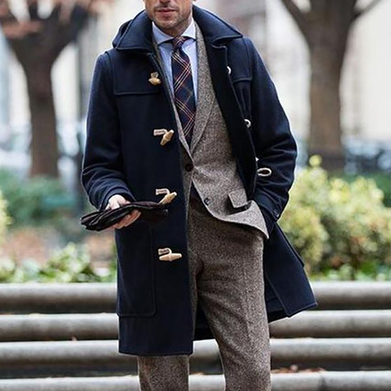 Men's Retro British Style Pocket Mid Hooded Jacket Coat