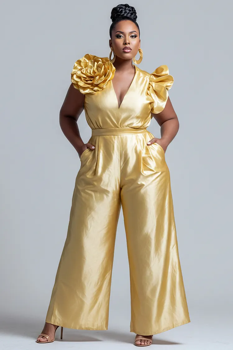 Xpluswear Design Plus Size Cocktail Party Gold V Neck Flutter Sleeve 3D ...