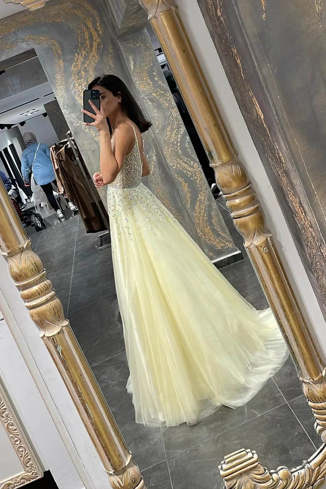 Daisda Daffodil Tulle Spaghetti Straps Prom Dress A Line With Beadings