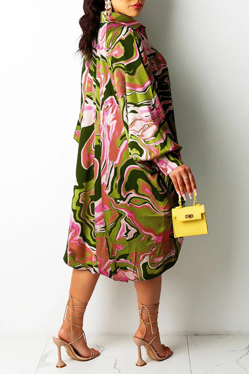 Sexy Print Draw String Asymmetrical Turndown Collar A Line Dresses