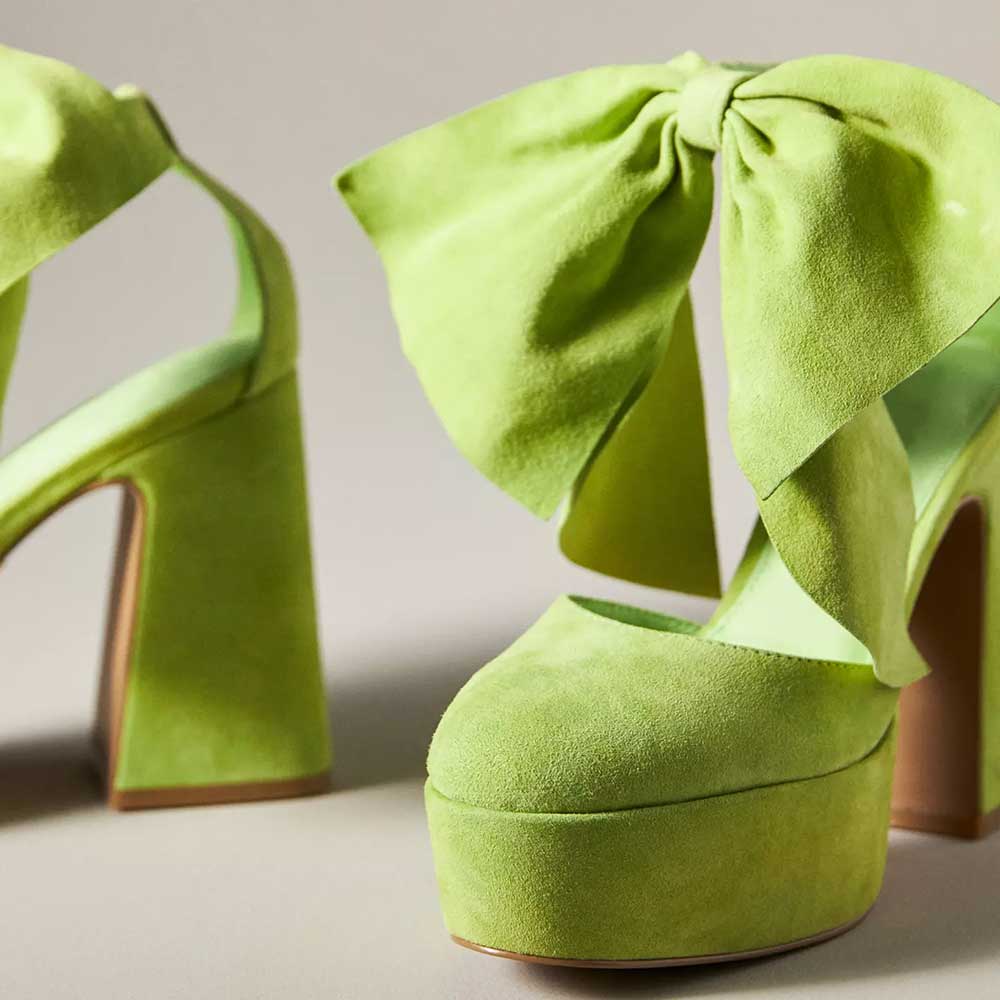 Lime Green Vegan Suede Platform Heels Ankle Strap Bow Pumps for Women
