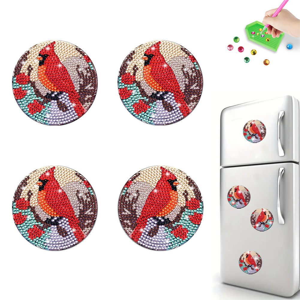 4pcs DIY Christmas Cardinal Diamond Painting Refrigerator Magnets