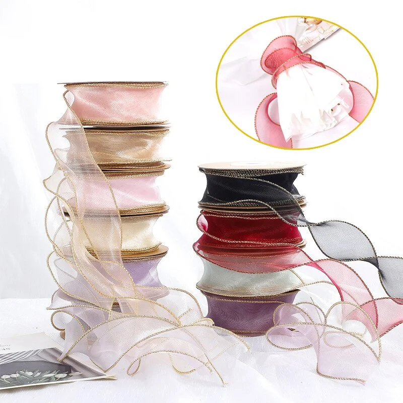 Nigikala Yards Fishtail Silk Ribbon Gold Wire Wavy Overlock Gift Box ...