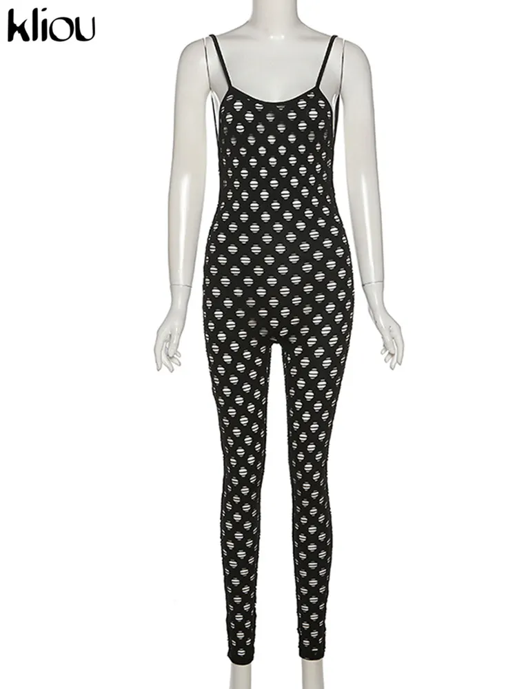 Woherb Kliou Hollow Out See Through Jumpsuit For Women Solid Sexy Sling ...