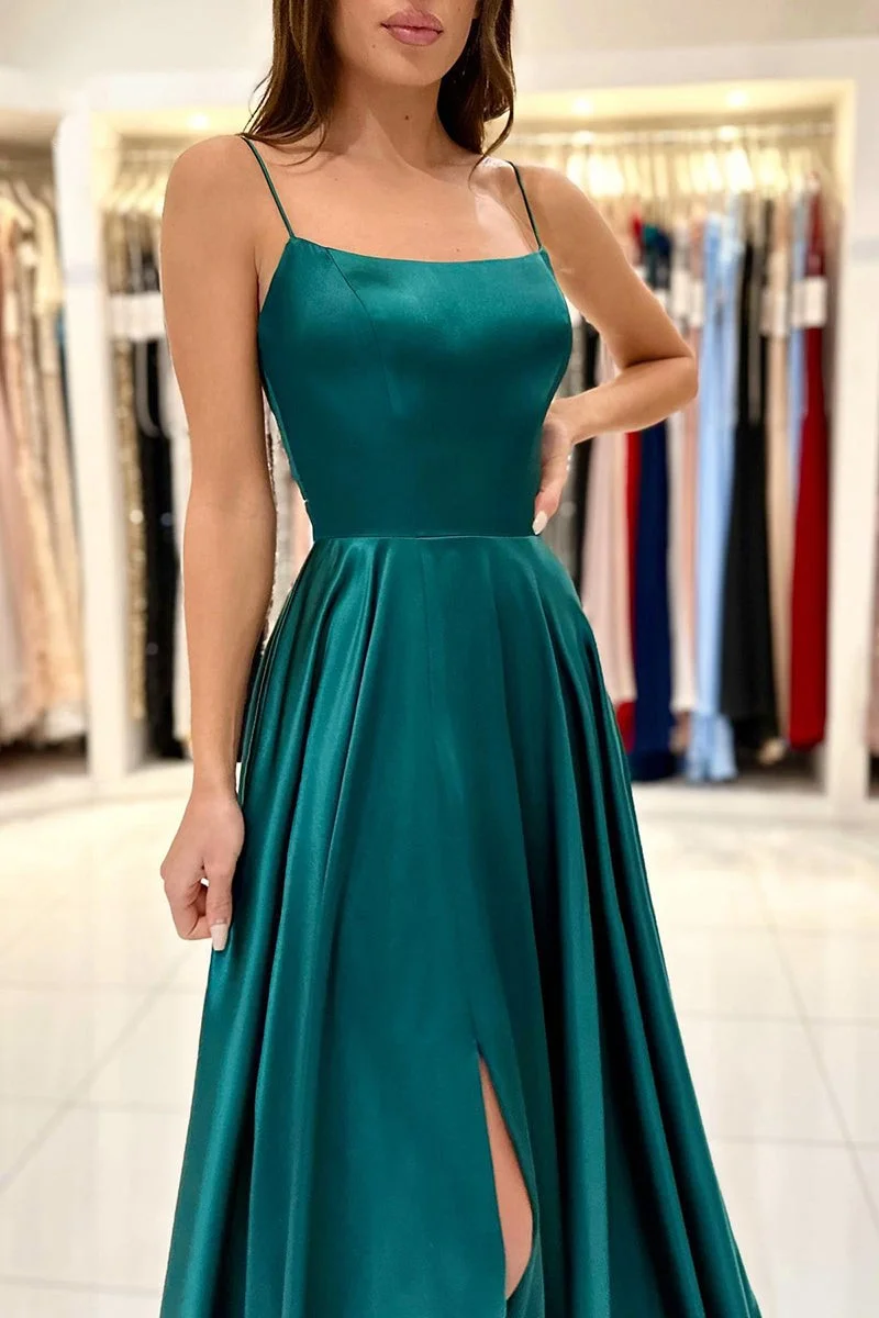 Split Simple Long Prom Formal Dress Green A Line YL0033