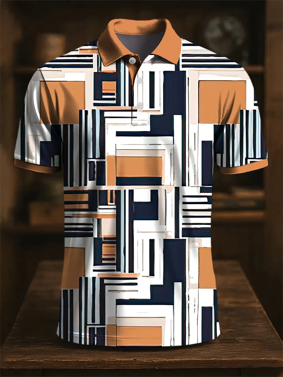 LorealwearClassic Art Abstract Geometric Plaid Print Casual Polo Shirt