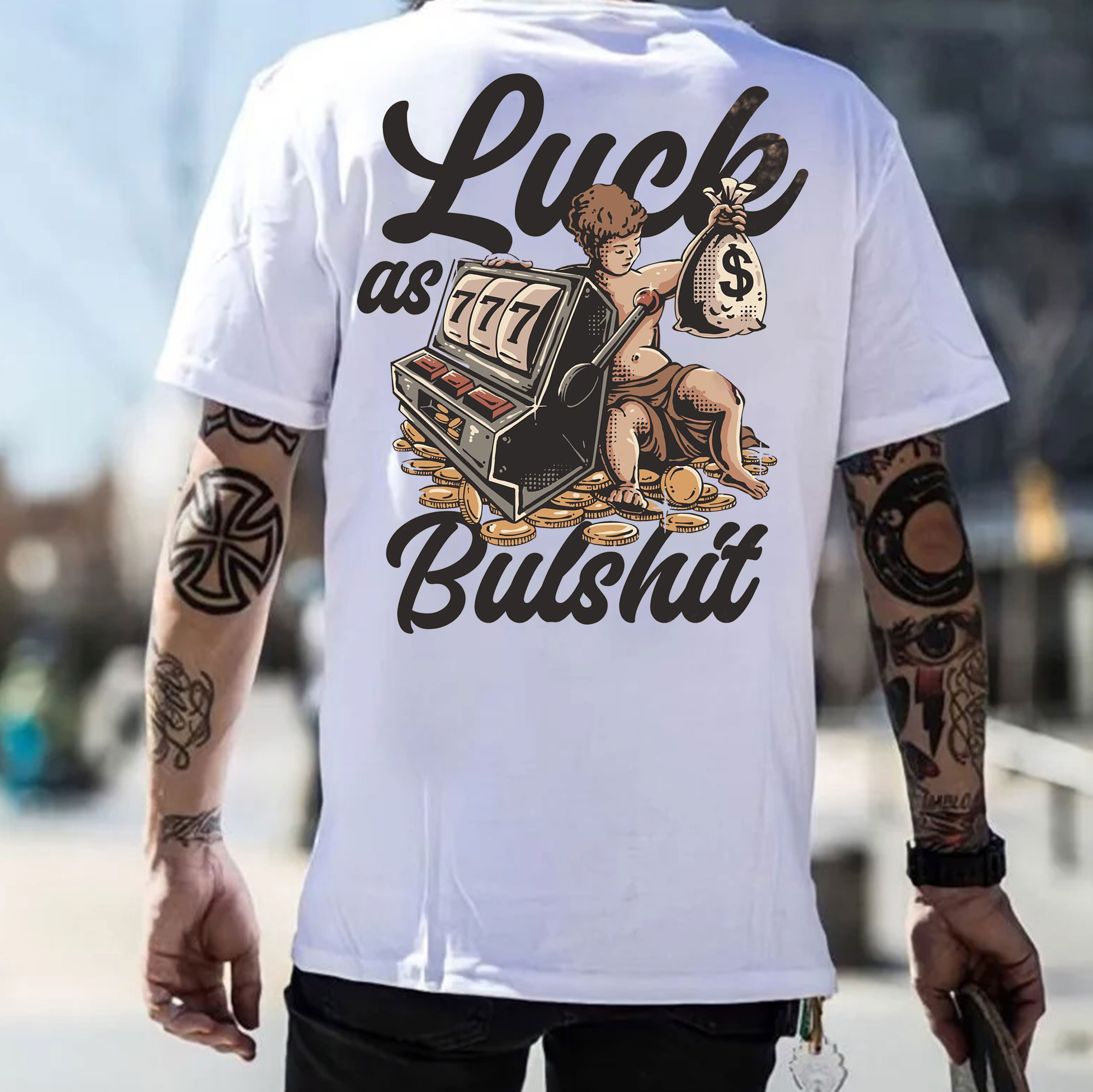 LUCK BULSHIT Cowboy and Wealth White Print T-shirt