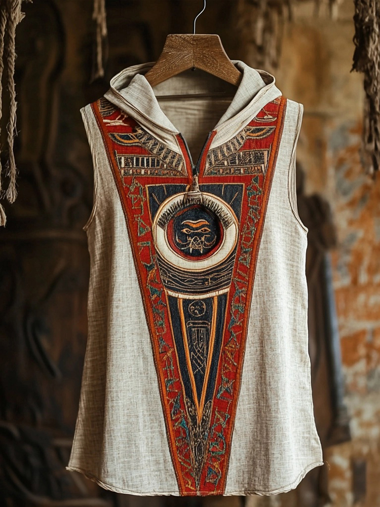 Vintage Ancient Egyptian Inspired Hooded Linen Vest