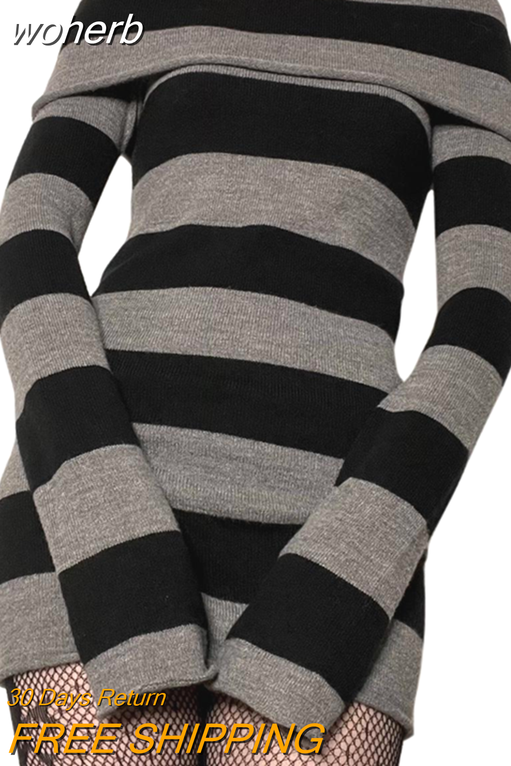 woherb Goth Mall Stripes Knitted Dress Women Long Sleeve Off-shoulder ...