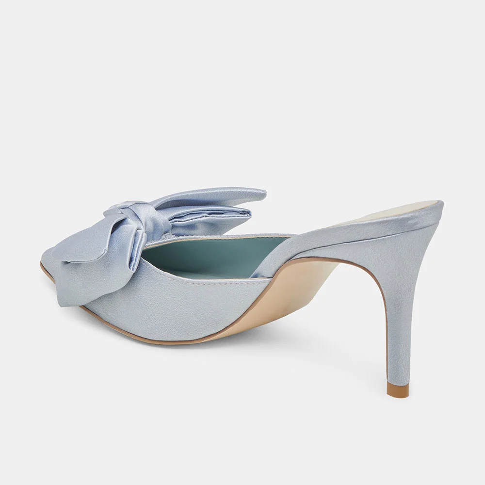 Light Blue Satin Pointed Toe Kitten Heel Mules Shoes with Bow