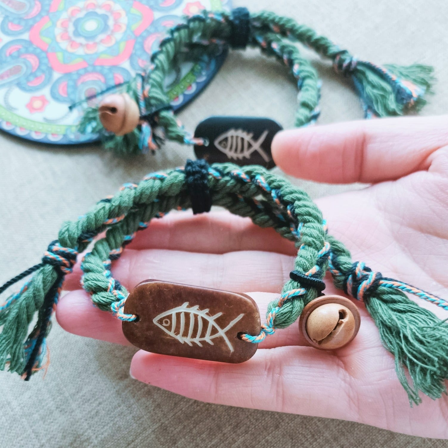 Tibetan Natural ox Bone Fish Woven Cotton Rope Lucky Bracelet