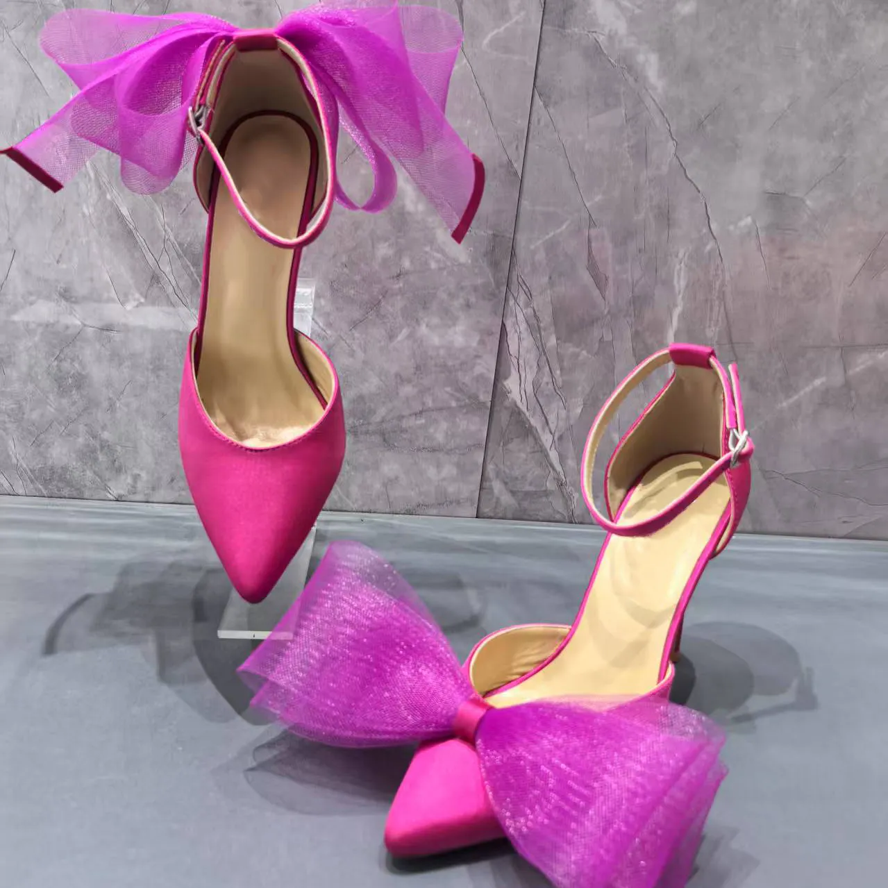 100mm Women’s High Heels Ankle Strap Pointed Toe Silk Bowknot Pumps ...