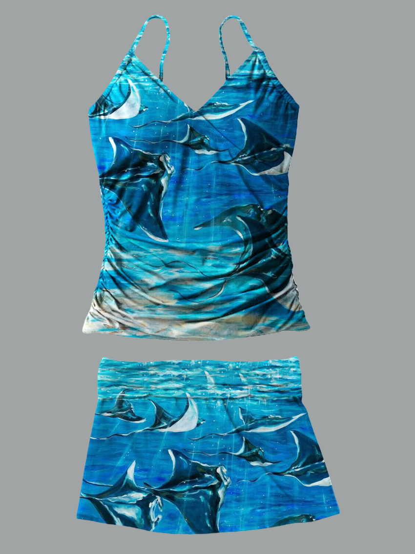 V-Neck Manta Rays Art Print Suspender Skirt Tankini Pantskirt Set Swimsuit