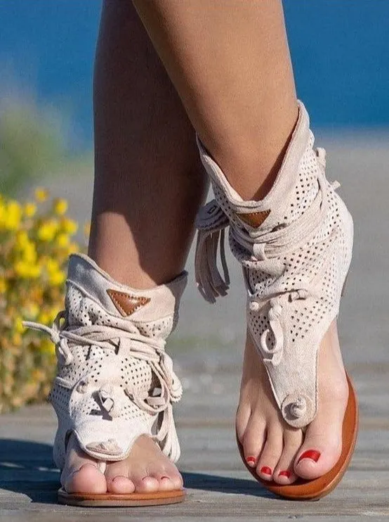 Flat Fringed Cutout Thong Sandals